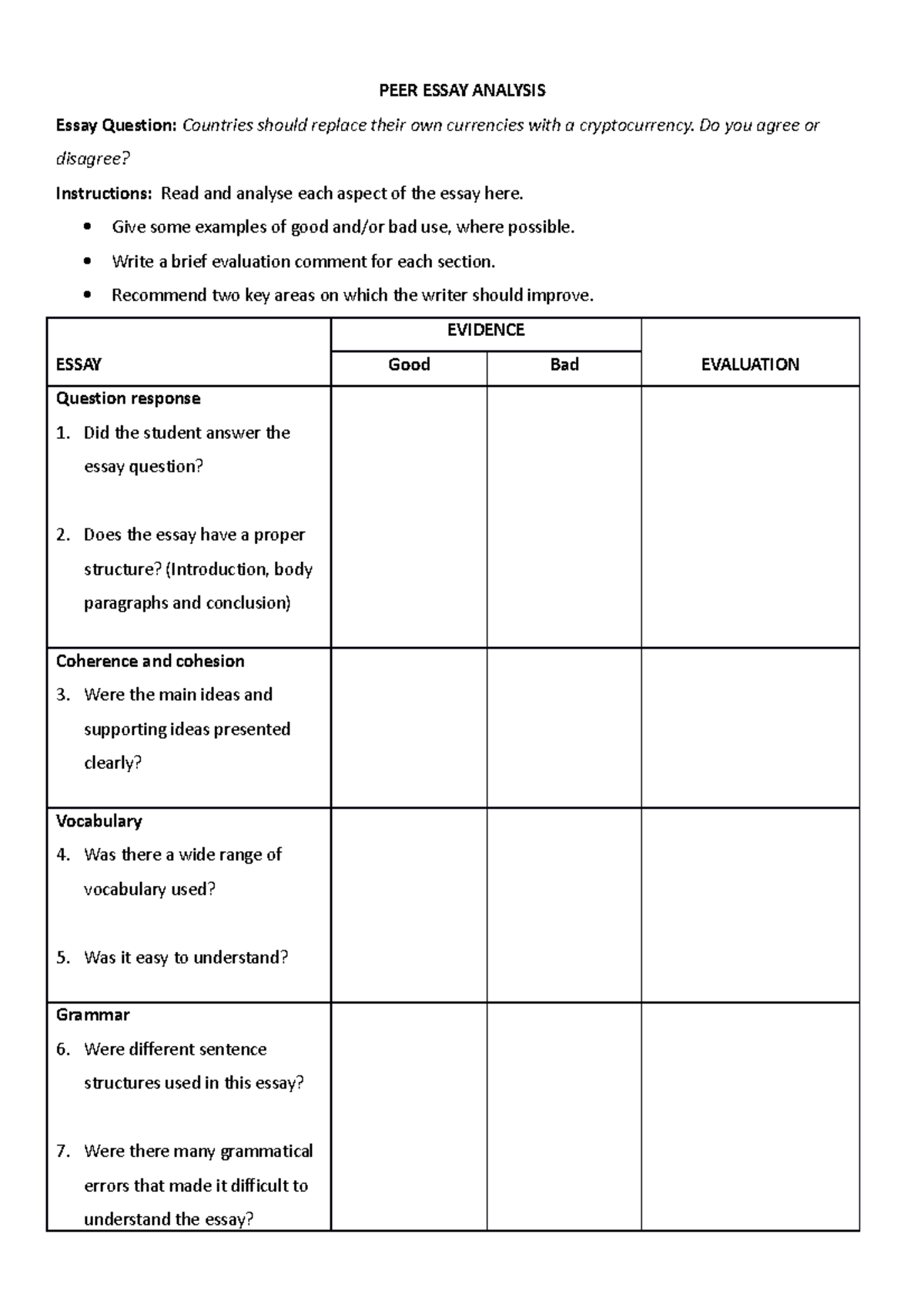 PEER Essay Analysis - nothing - PEER ESSAY ANALYSIS Essay Question ...