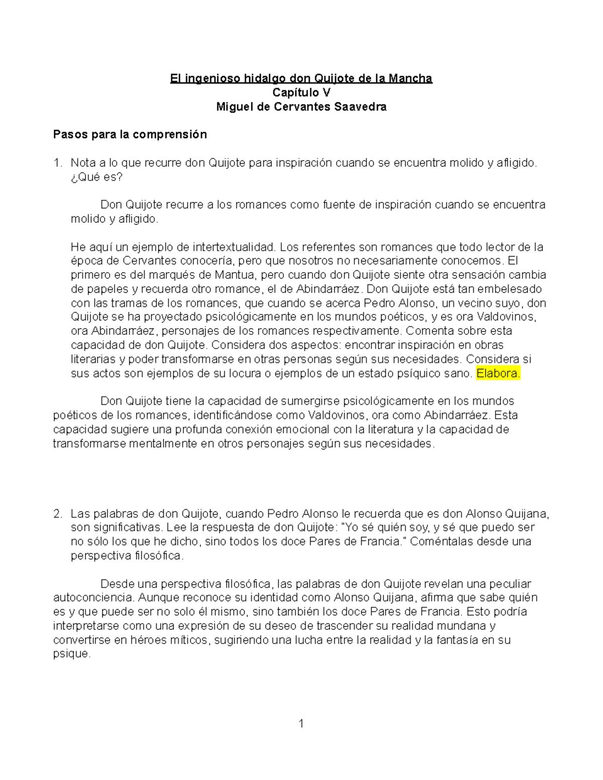 Don Quijote, Capítulo V, Pasos para la comprensión - El ingenioso ...