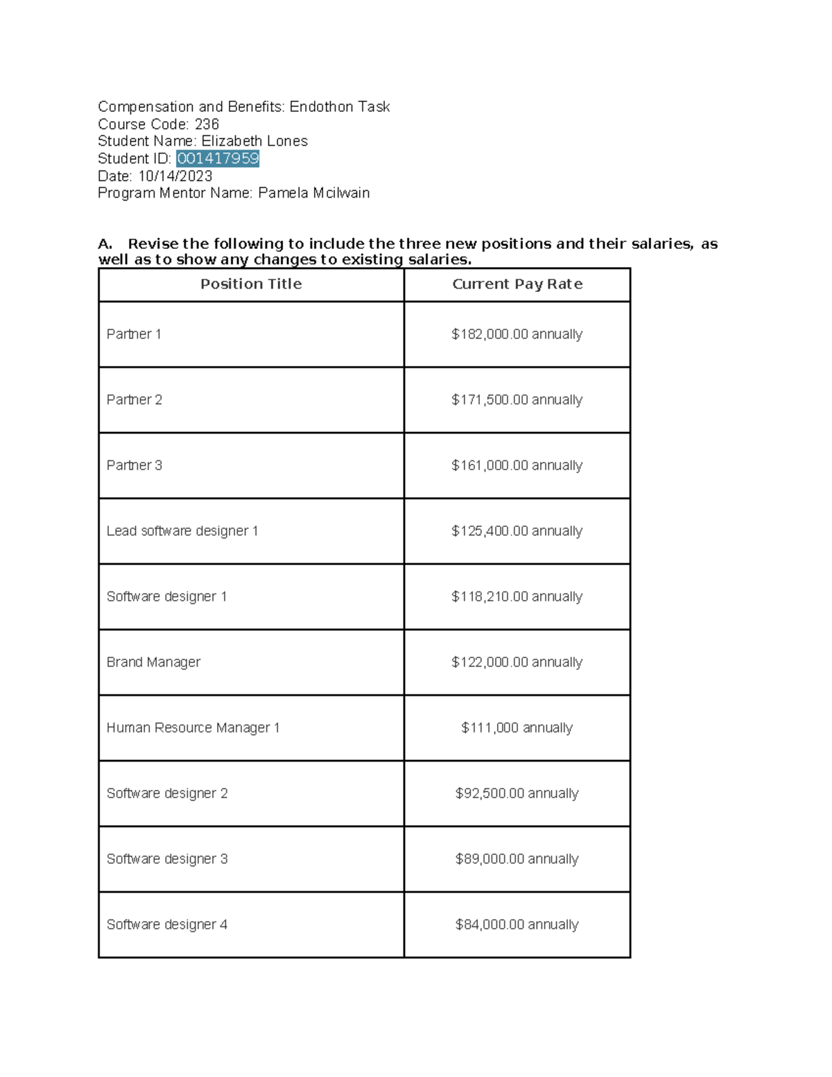 C236 Task 1 done - godd job - Compensation and Benefits: Endothon Task ...