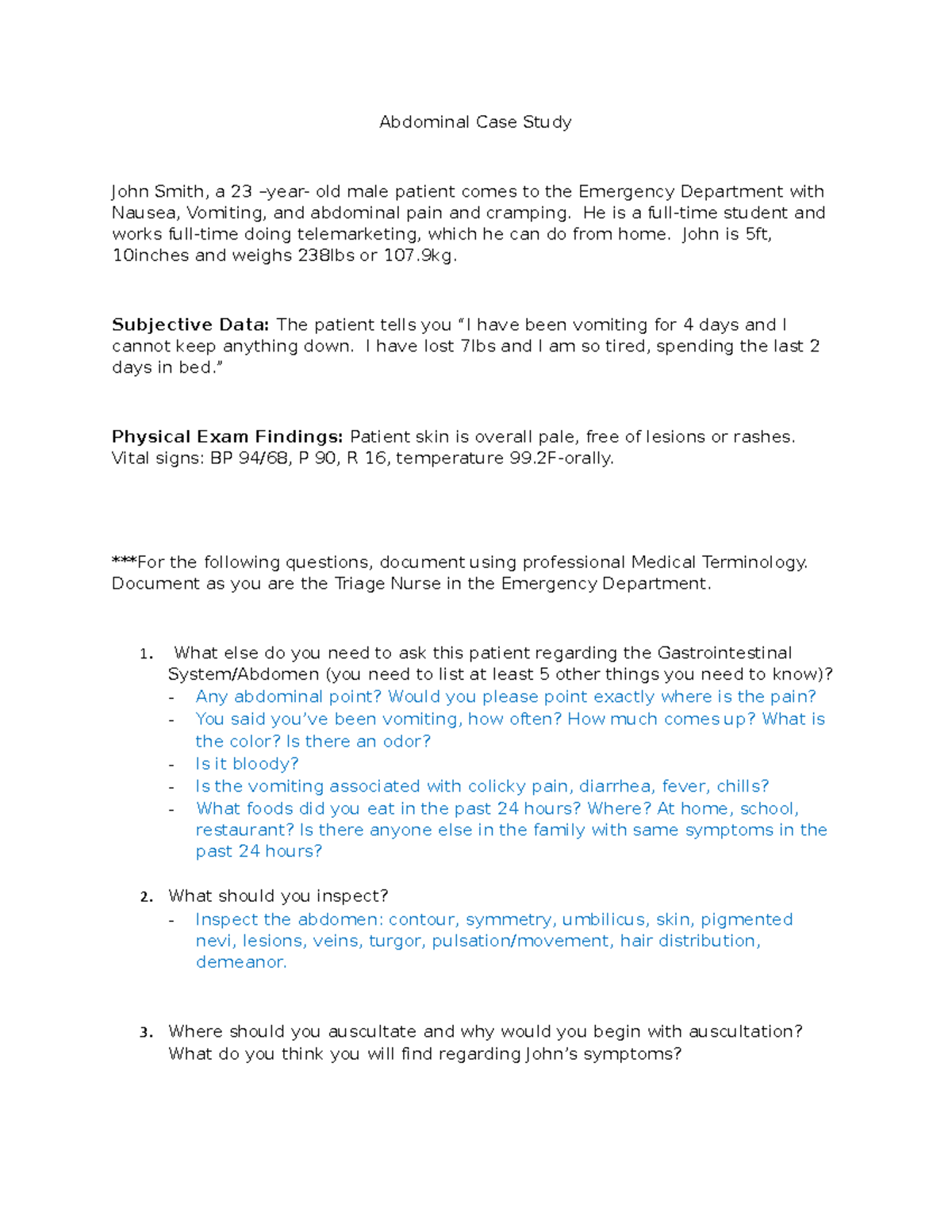 Abdominal Case Study - Abdominal Case Study John Smith, a 23 –year- old ...