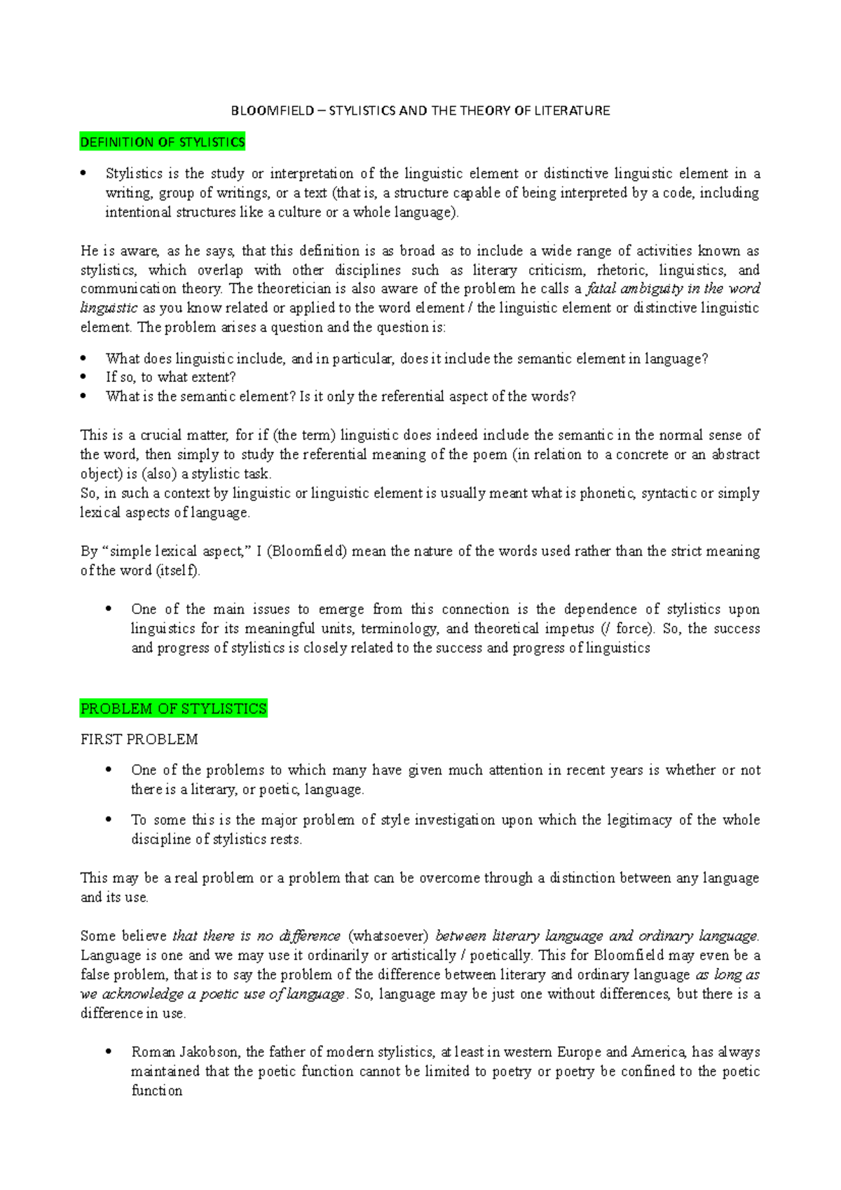 Bloomfield - riassunto - BLOOMFIELD – STYLISTICS AND THE THEORY OF ...