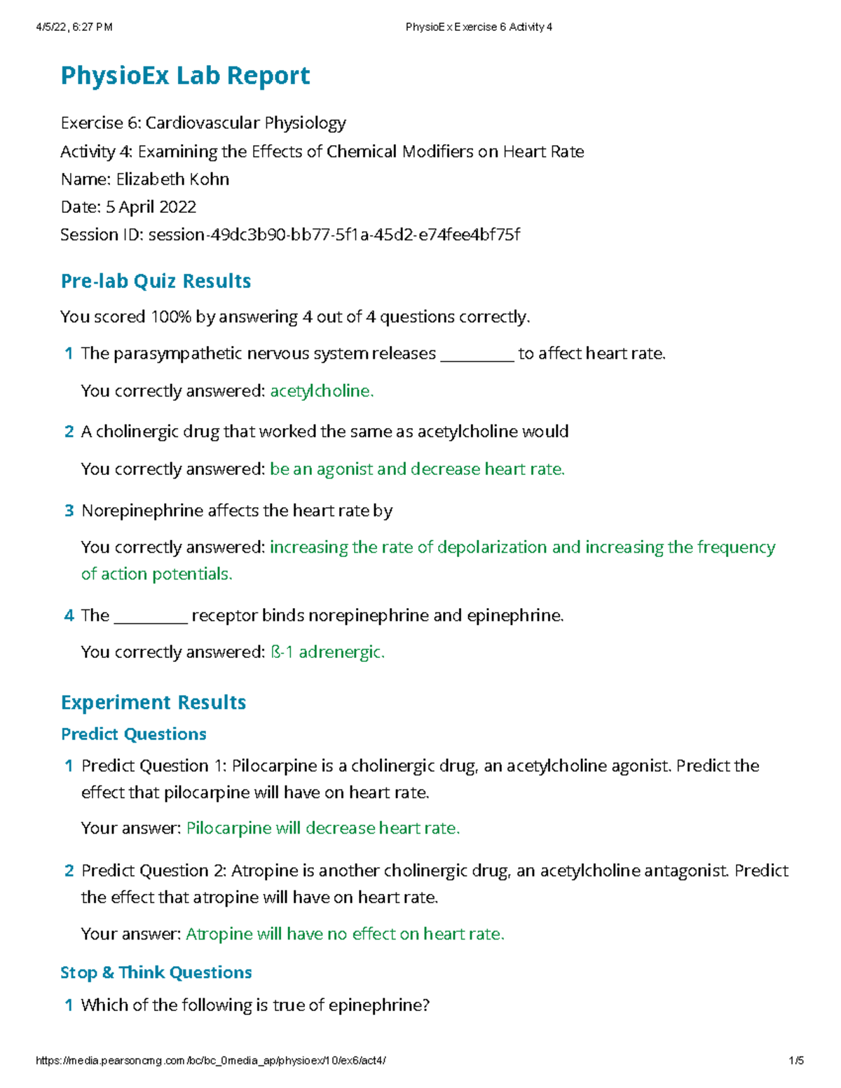 Physio Ex Exercise 6 heart 1 - PhysioEx Lab Report Exercise 6 ...