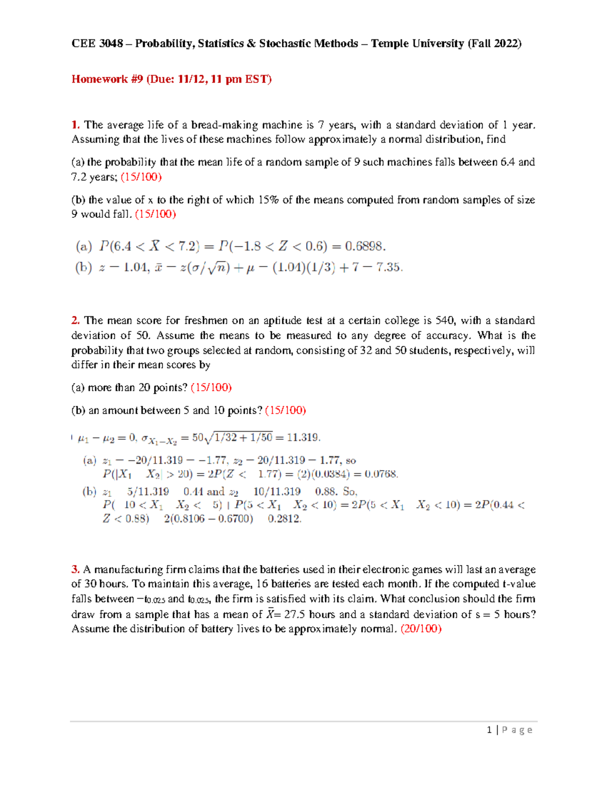CEE 3048 Homework 9 Key - CEE 3048 – Probability, Statistics ...