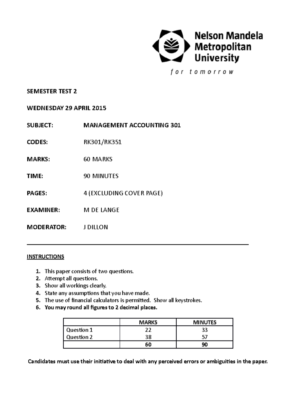 RK301 Test 2 2015 Question Paper after moderation - SEMESTER TEST 2 ...