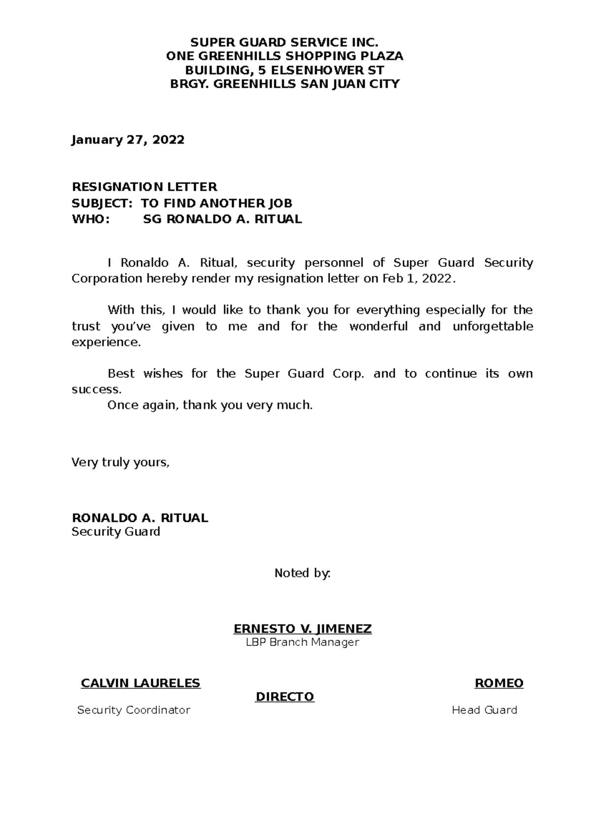 Resignation letter - SUPER GUARD SERVICE INC. ONE GREENHILLS SHOPPING ...