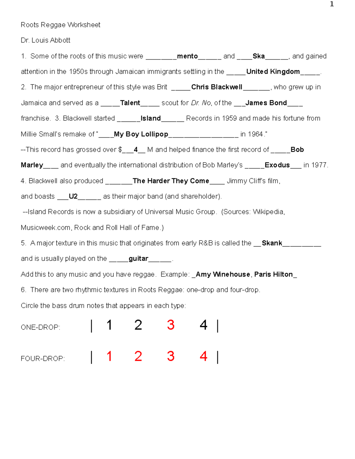Roots Reggae 2021 Worksheet SK - Roots Reggae Worksheet Dr. Louis ...