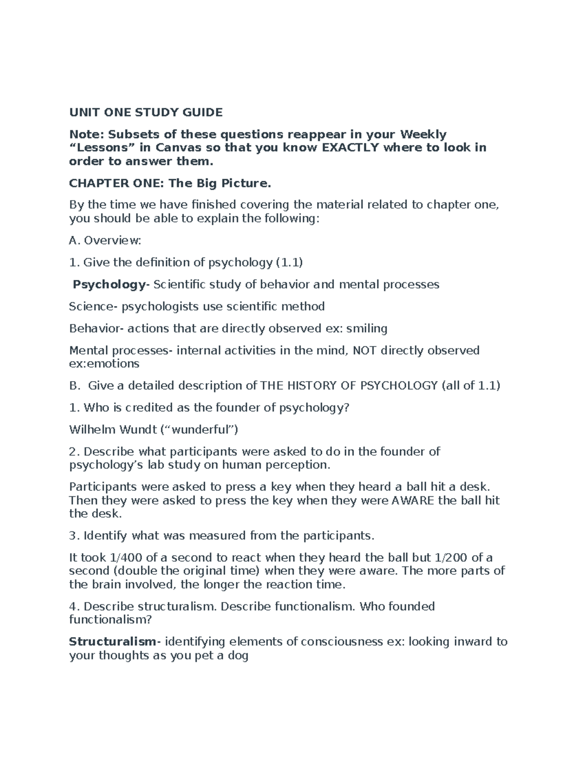 Unit 1 Study Guide - UNIT ONE STUDY GUIDE Note: Subsets of these questions reappear in your ...