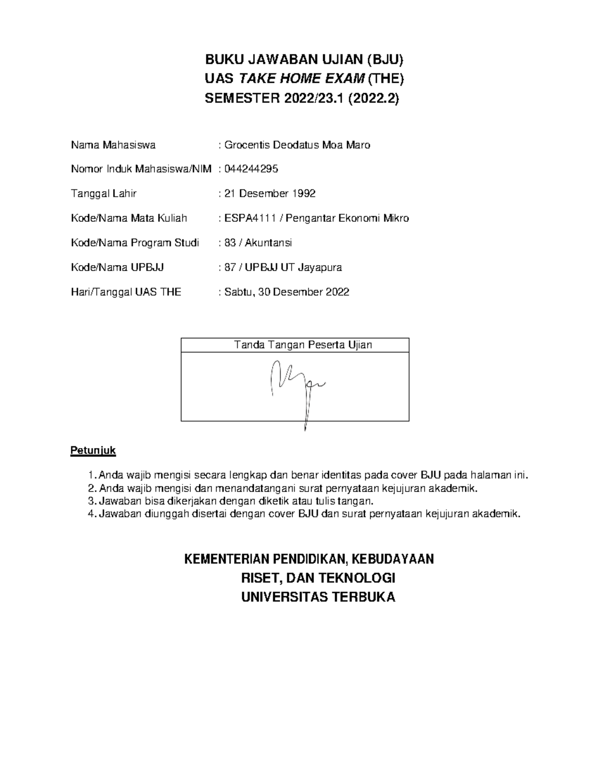 BJU Pengantar Ekonomi Mikro Grocentis - Tanda Tangan Peserta Ujian BUKU JAWABAN UJIAN (BJU) UAS ...