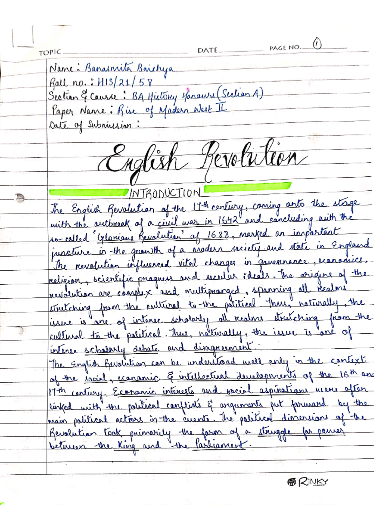 English Revolution - RMW assignment - BA (Hons.) History - Studocu