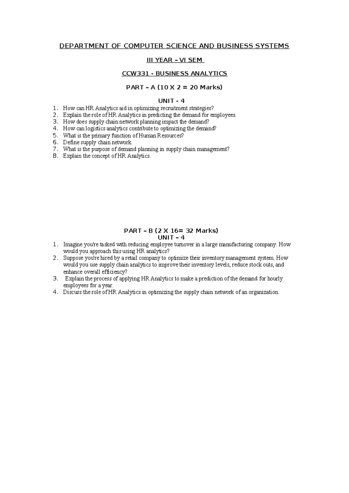 BA UNIT-4 Question Bank - DEPARTMENT OF COMPUTER SCIENCE AND BUSINESS SYSTEMS III YEAR – VI SEM ...