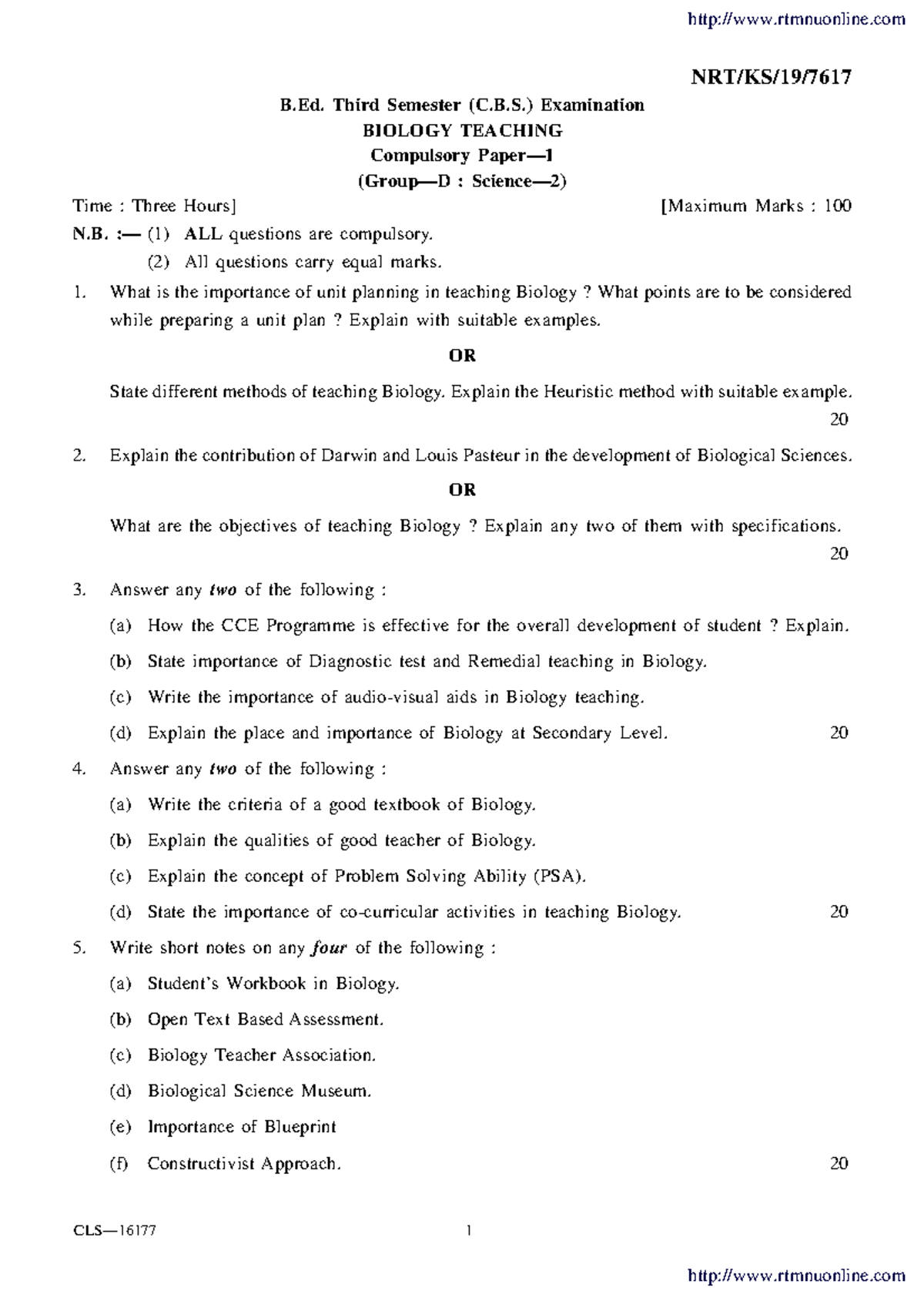 Combined Bio QP - NRT/KS/19/ B. Third Semester (C.B.) Examination BIOLOGY TEACHING Compulsory ...