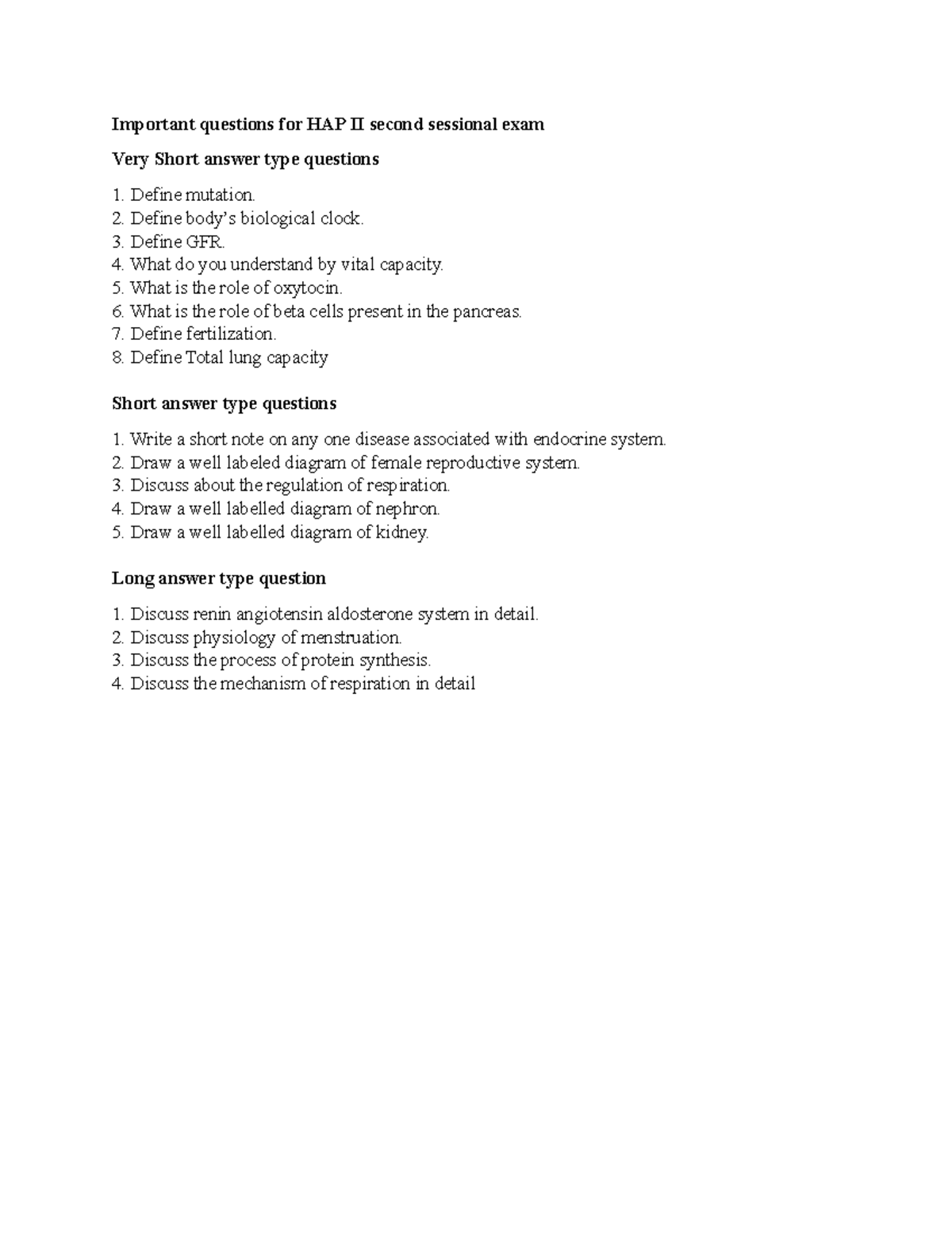 Important questions for HAP II second sessional exam - Define body’s biological clock. Define ...