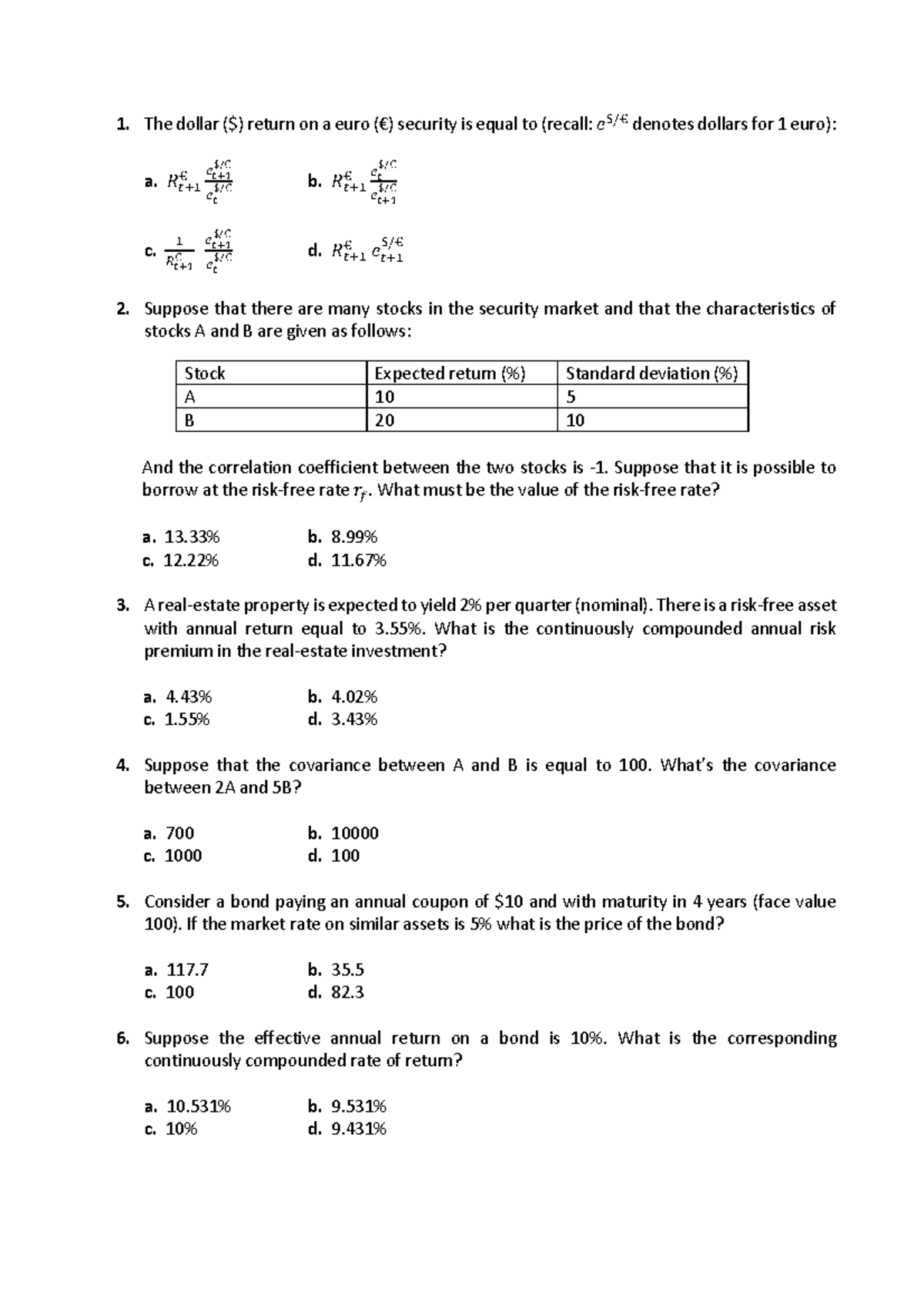 Asset Pricing Esame PC2 definitivo 1 The Dollar Return On A