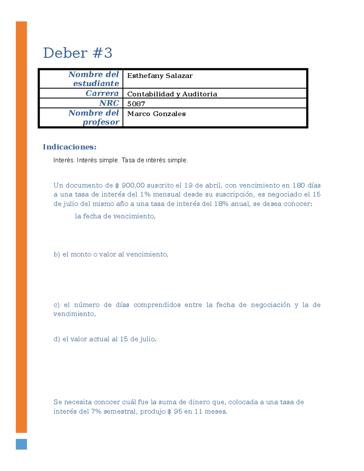 Salazar E Deber 3 - EJERCIIOS - Deber Nombre del estudiante Esthefany ...