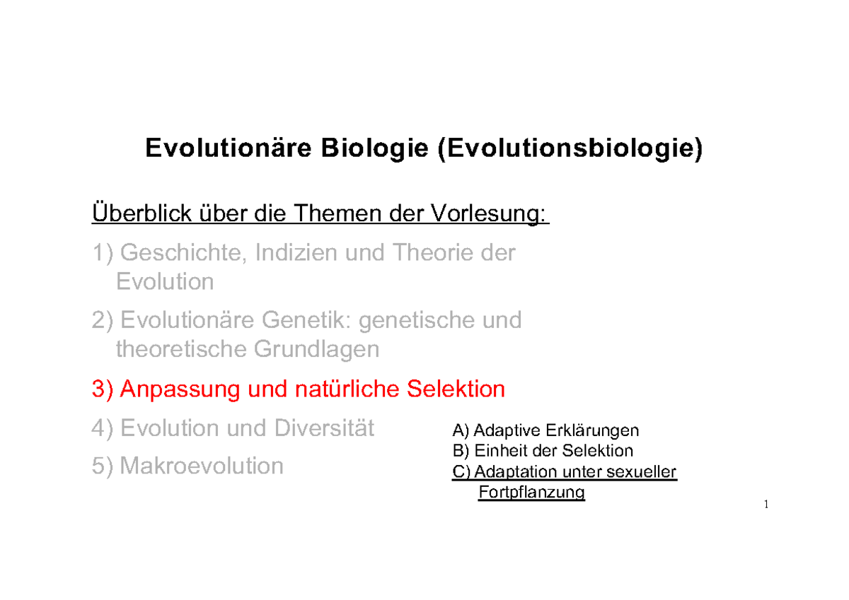 Lecture 9 - Zusammenfassung Evolution und Ökologie - Evolutionäre ...