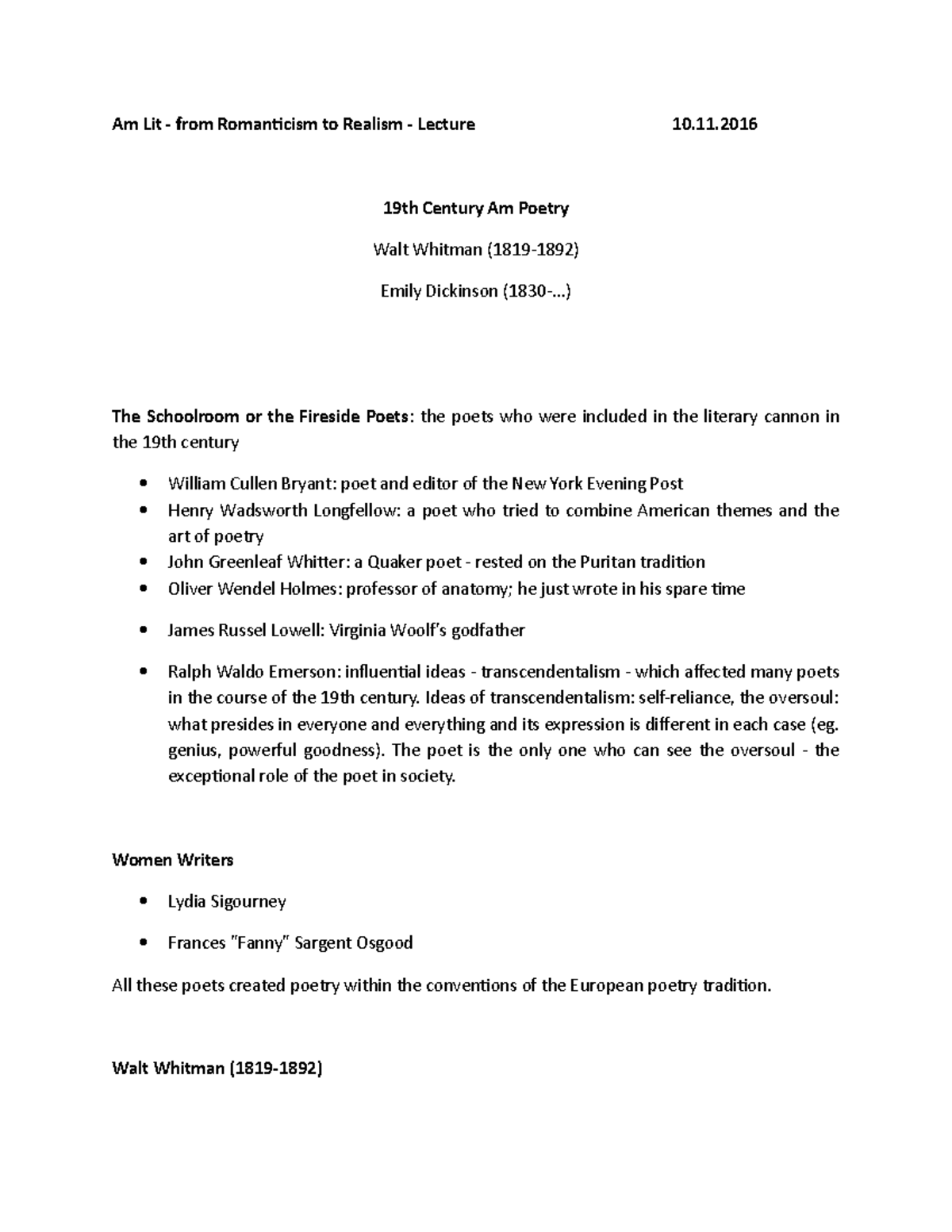 19th Century Am Poetry - Whitman & Dickinson - Am Lit - from ...