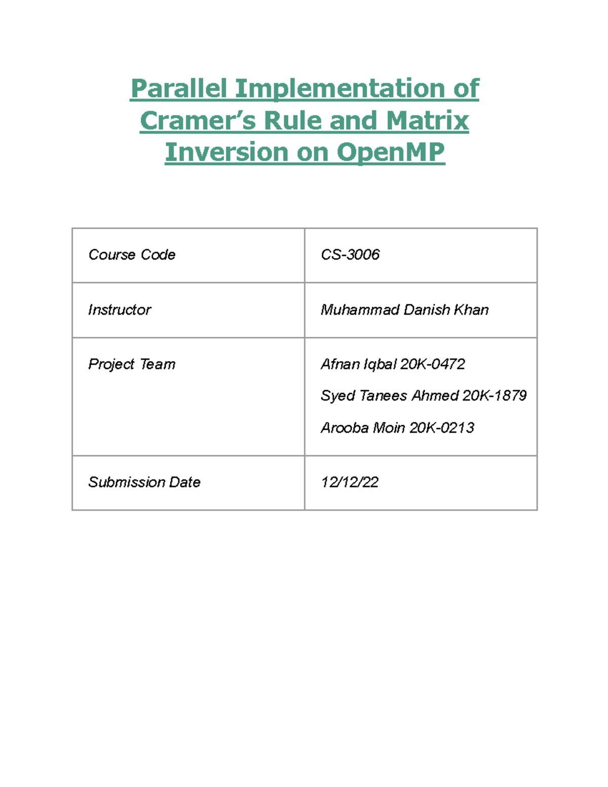 Report,(20K 0472,20K 1879,20K 0213) - Parallel Implementation of Cramer ...