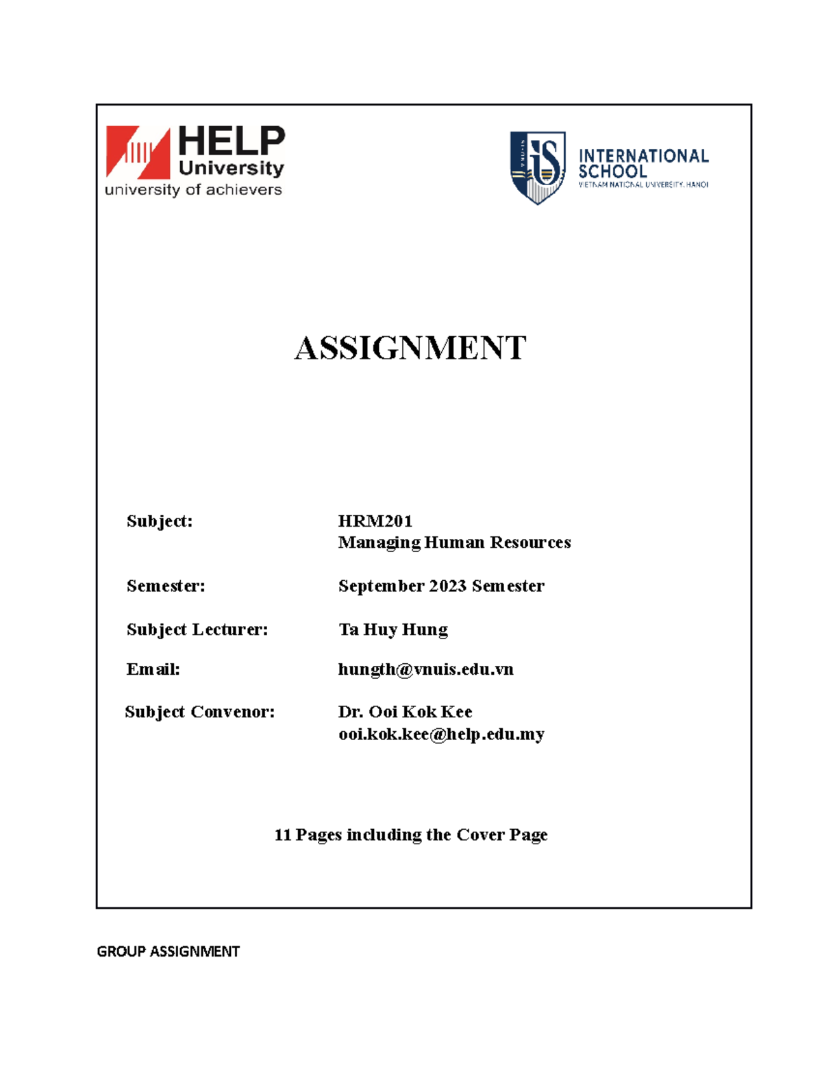 Assignment HRM201 Sep2023SEM VNU-1 - ASSIGNMENT Subject: HRM Managing ...