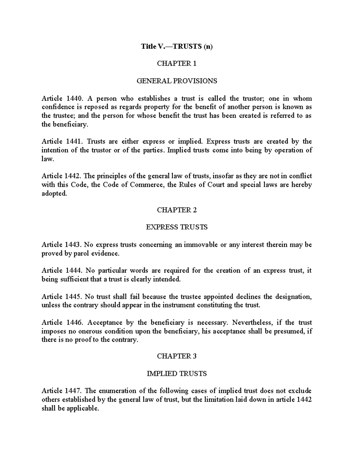 Trust, Partnership, Agency - Civil Code - Title V.—TRUSTS (n) CHAPTER 1 ...