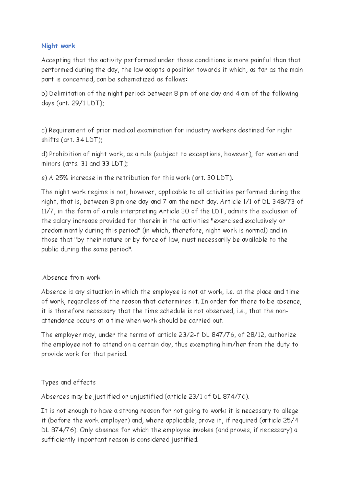 Night work 5 - Summaries Labor law University of Memphis - Night work ...