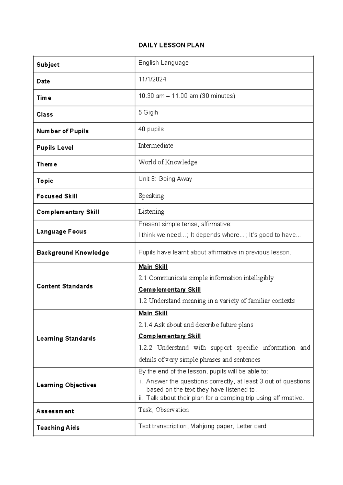 11 Jan 24 - 5G - Lesson plan - DAILY LESSON PLAN Subject English ...