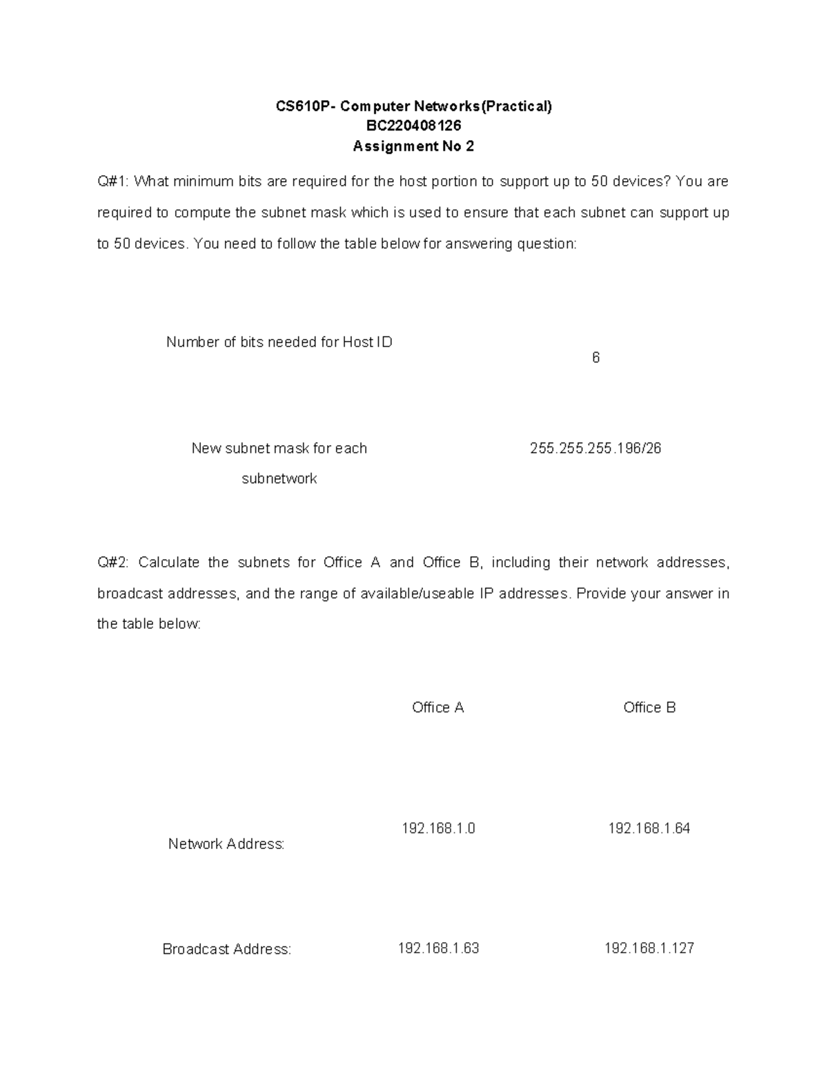 CS610P-BC220408126 - Handouts - CS610P- Computer Networks(Practical) BC Assignment No 2 Q#1 ...
