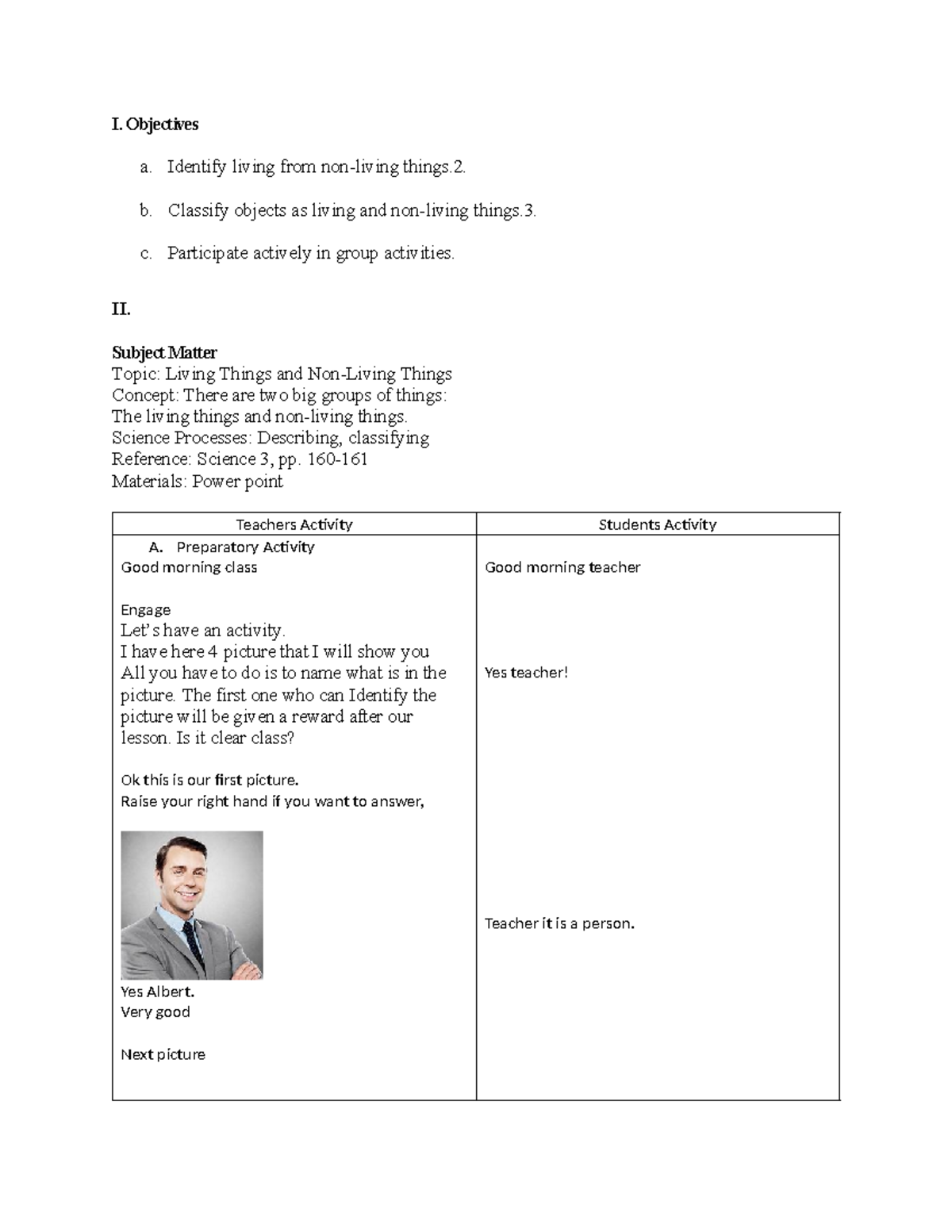 Lesson plan science 4 - I. Objectives a. Identify living from non ...
