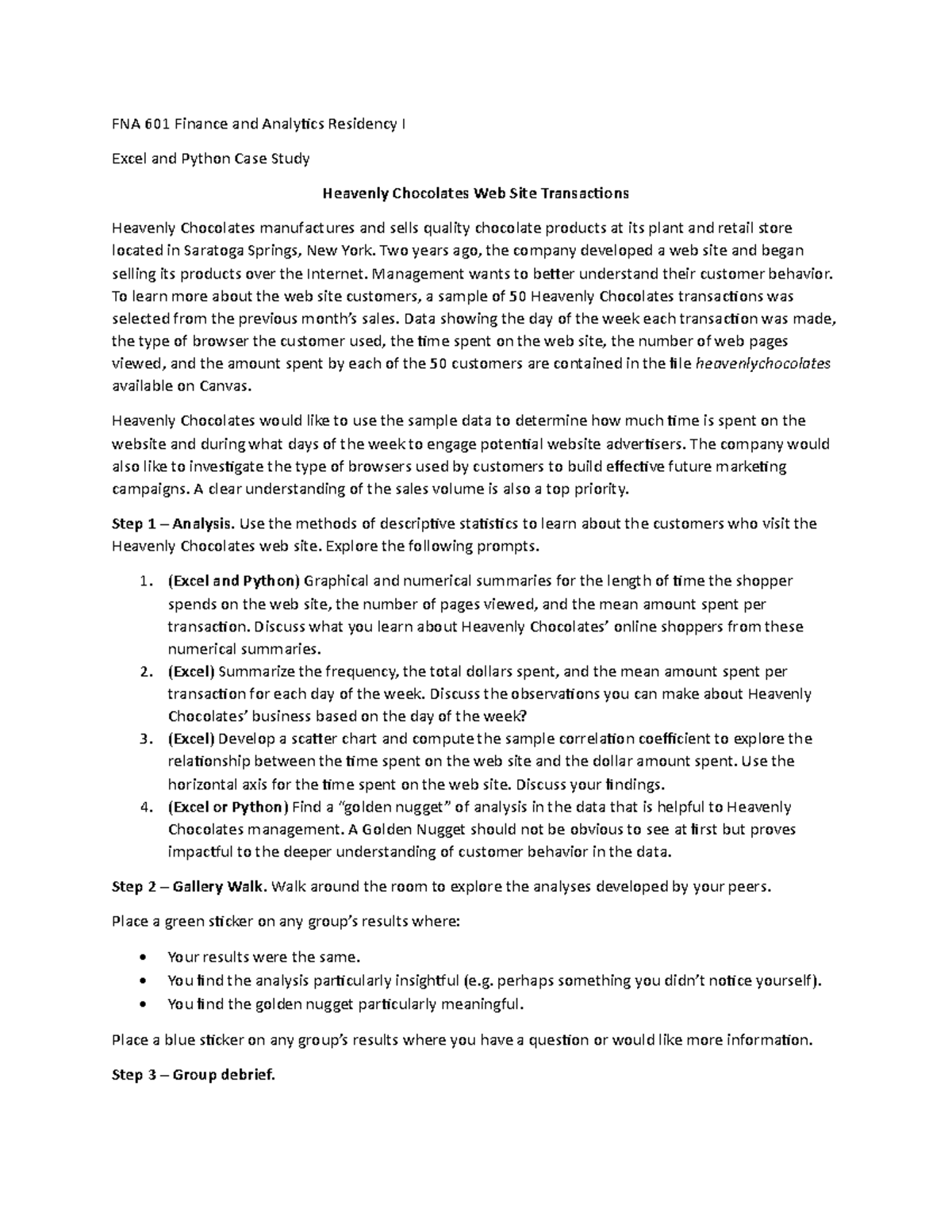FNA 601 Residency I Case Study Excel and Python - FNA 601 Finance and ...