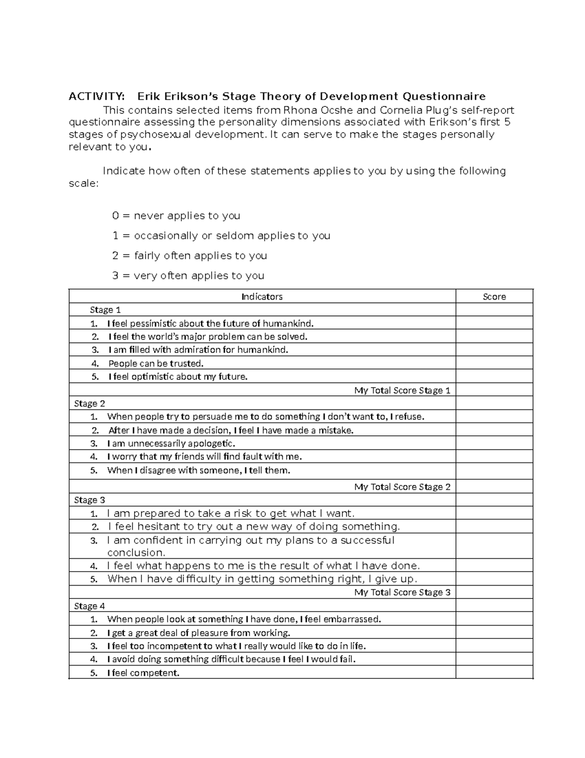 Erickson-questionnaire - ACTIVITY: Erik Erikson’s Stage Theory of ...