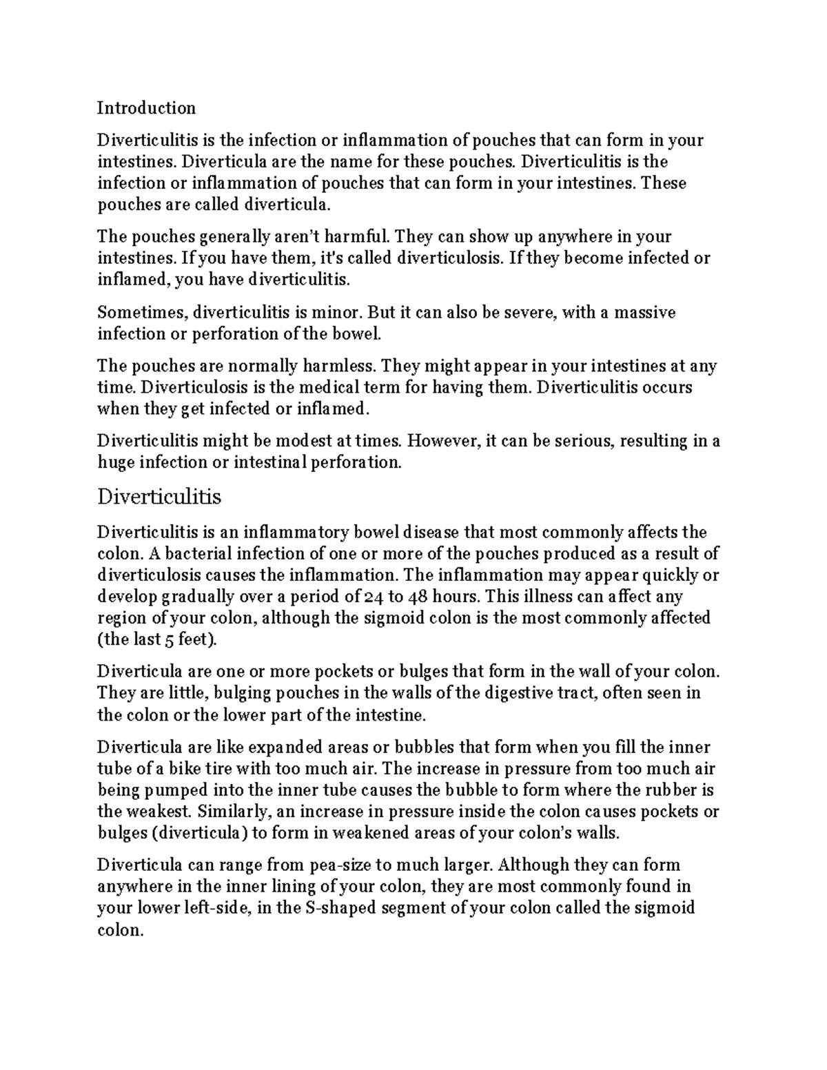 Diverticulitis care plan - Introduction Diverticulitis is the infection ...