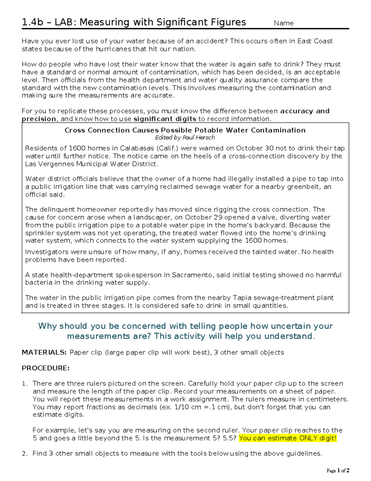 1.4b LAB Measuring with Sig Figs - 1 – LAB: Measuring with Significant Figures Name Have you ...