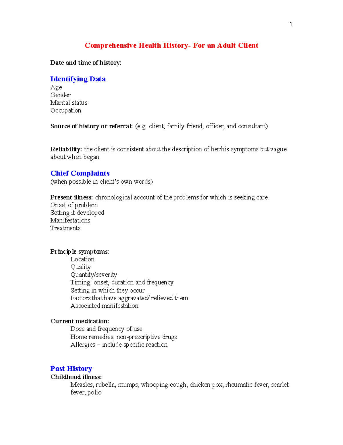 CNUR816 Module 1 - Comprehensive Health History - Comprehensive Health ...