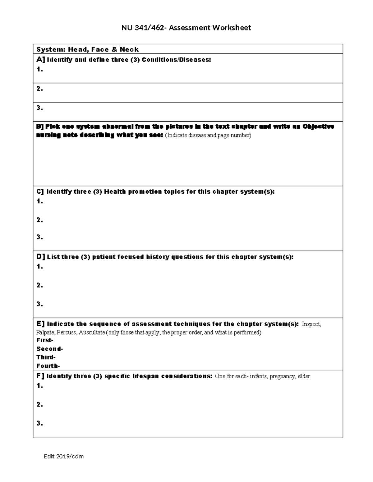 2 Worksheet Head, Face & Neck - NU 341/462- Assessment Worksheet System ...