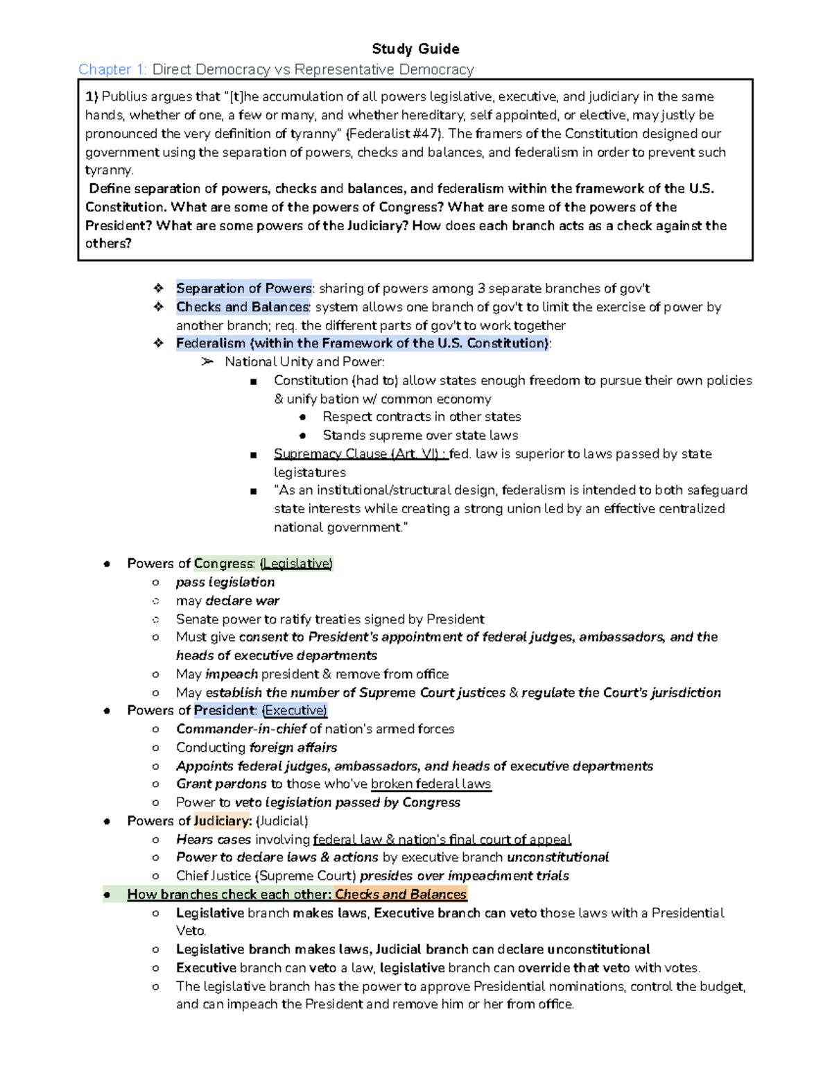Study Guide - Study Guide Chapter 1: Direct Democracy vs Representative ...
