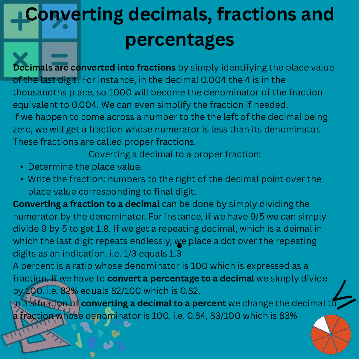 Converting decimals, fractions and percentages - Decimals are converted into fractions by simply ...