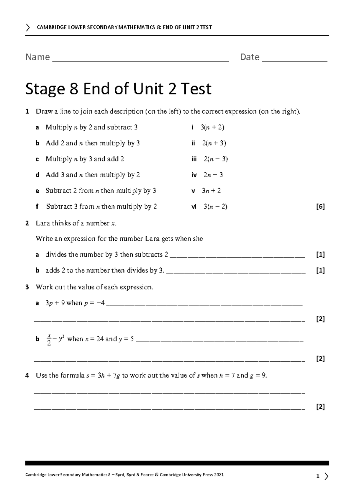 656880206 Stage 8 End of Unit 2 Test - CAMBRIDGE LOWER SECONDARY ...