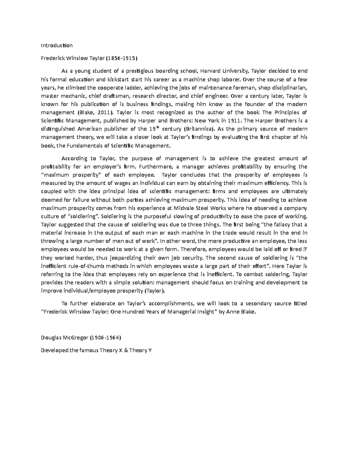 Colin Simon WA2- ENGH 302M51 - Introduction Frederick Winslow Taylor ...