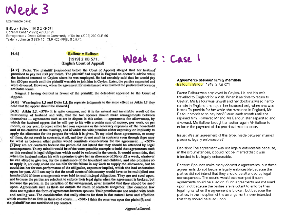 Cases - Case Studies - All weeks - Agreements between family members Balfour v Balfour [1919] 2 ...
