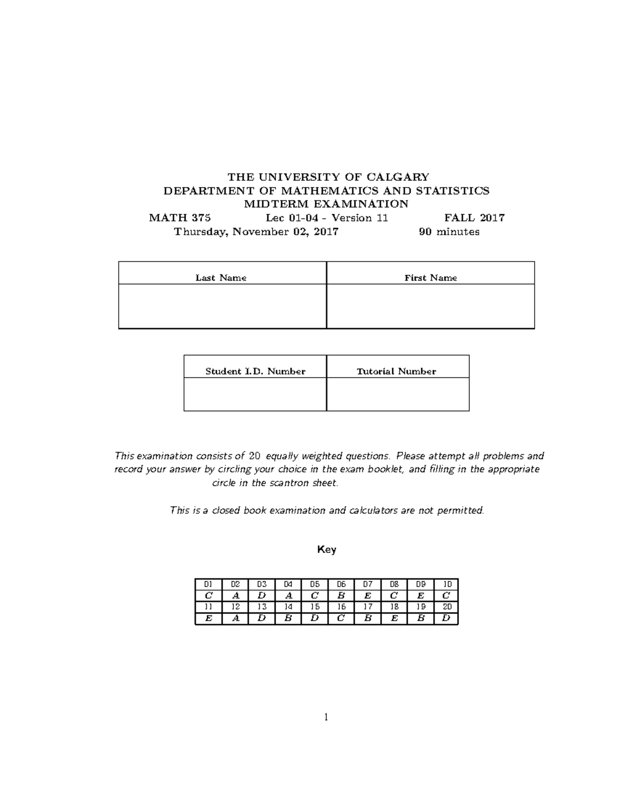 Midterm exam, questions and answers - THE UNIVERSITY OF CALGARY ...
