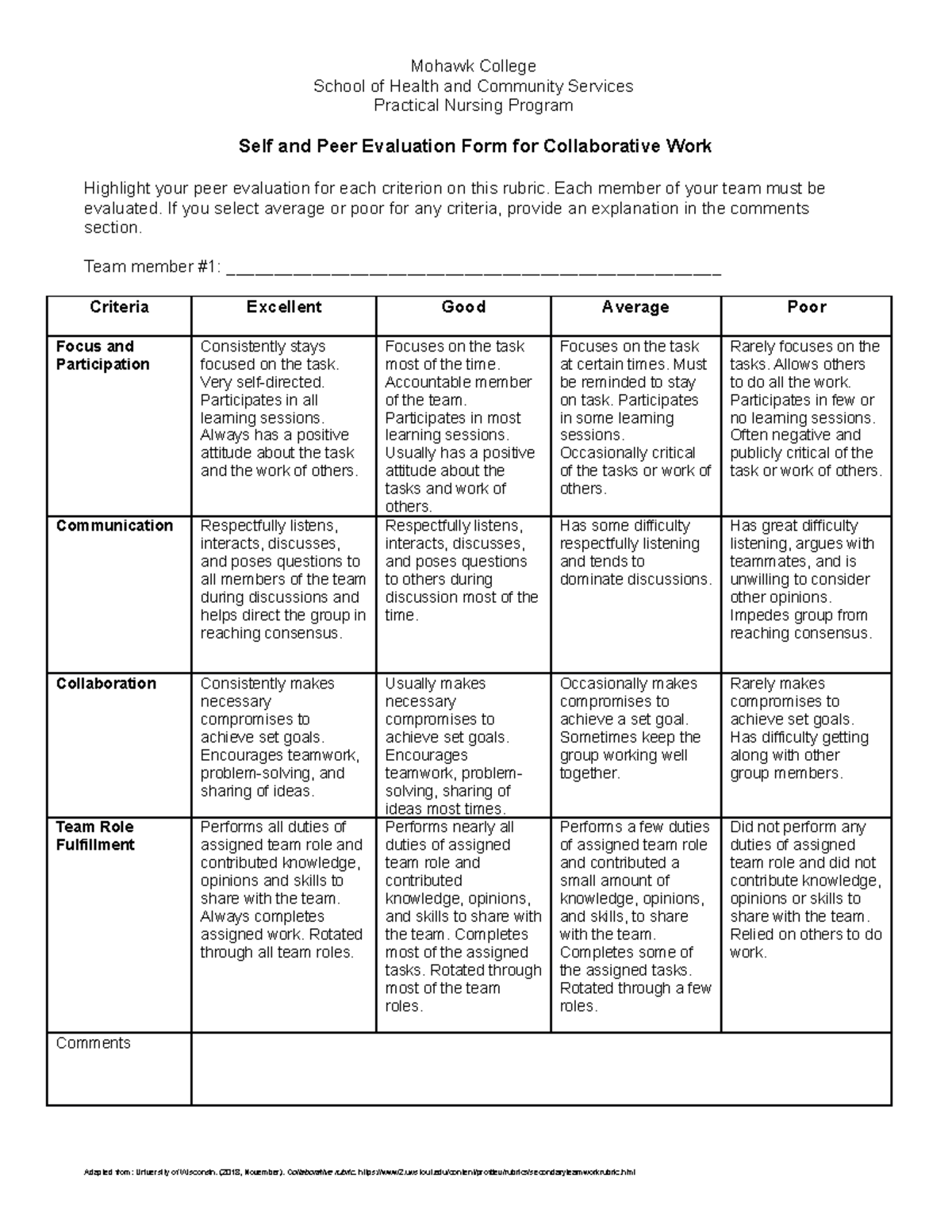 Self+and+Peer+Evaluation HS 21 Final - School of Health and Community ...