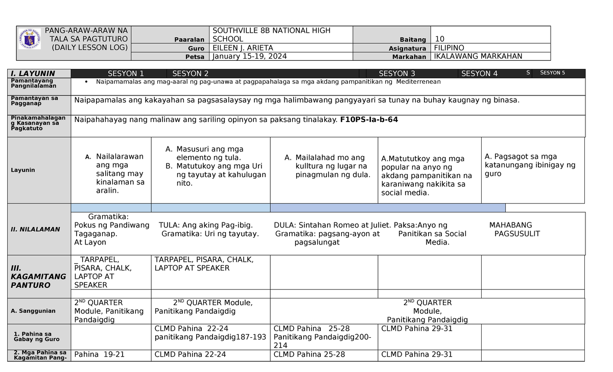 Week5-january-15 - 4a's lesson plan - PANG-ARAW-ARAW NA TALA SA ...