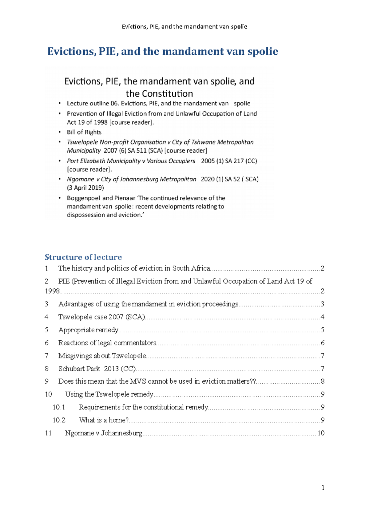 06. Evictions, PIE, and the mandament van spolie - - Studocu