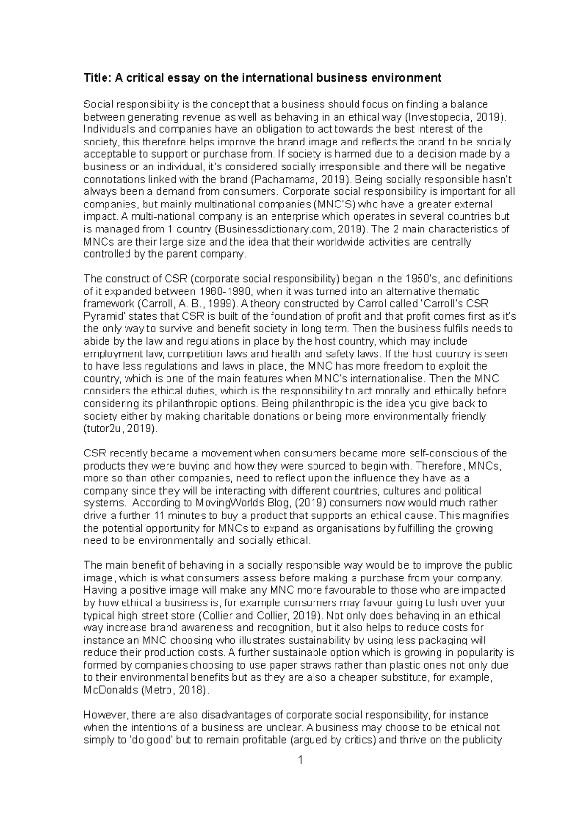 International business cw - Title: A critical essay on the ...