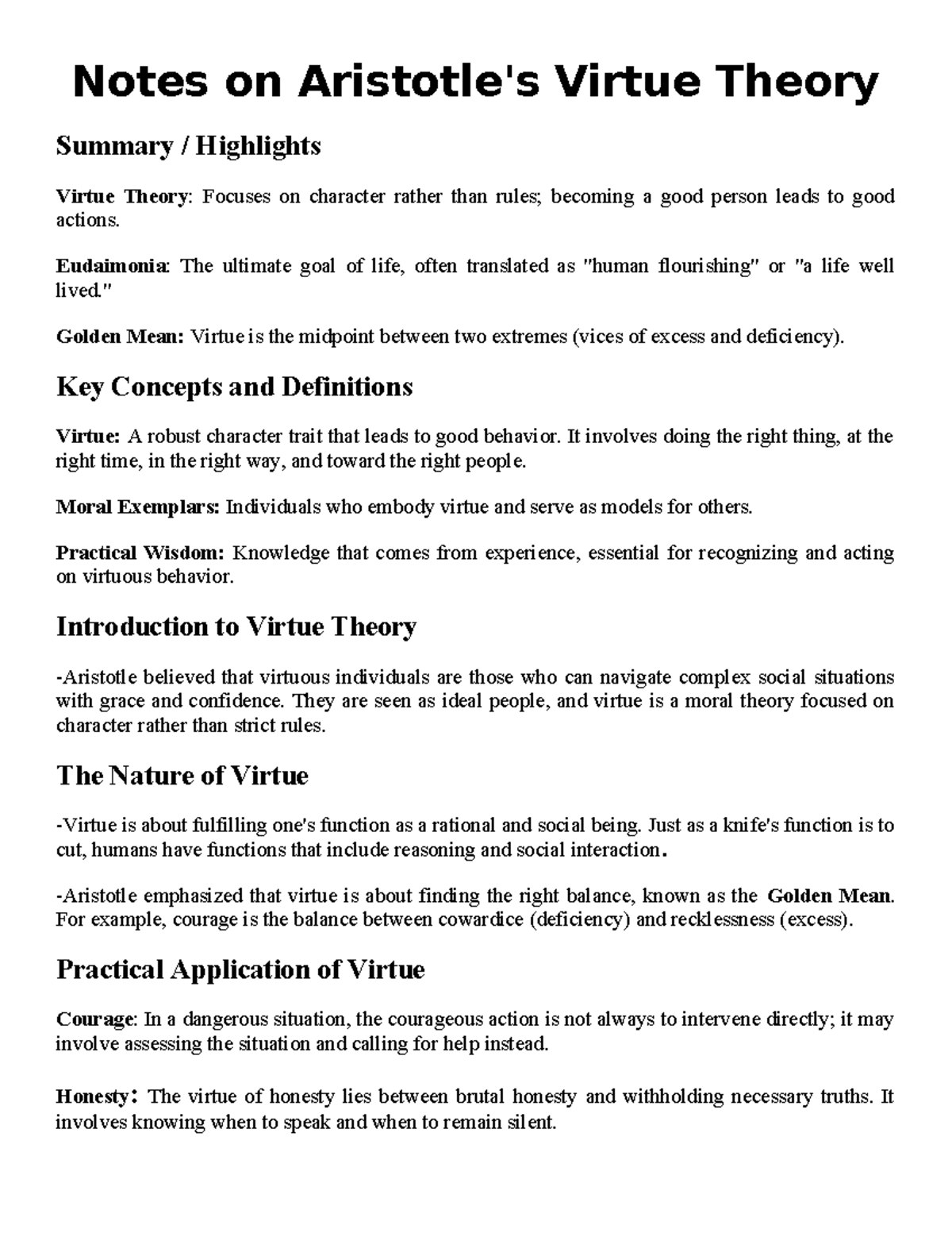 Notes on Aristotle Virtue Theory - Notes on Aristotle's Virtue Theory ...