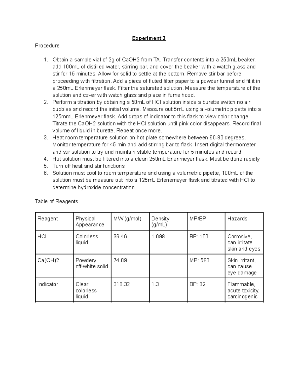 Untitled document-4 - lab - Experiment 3 Procedure Obtain a sample vial ...