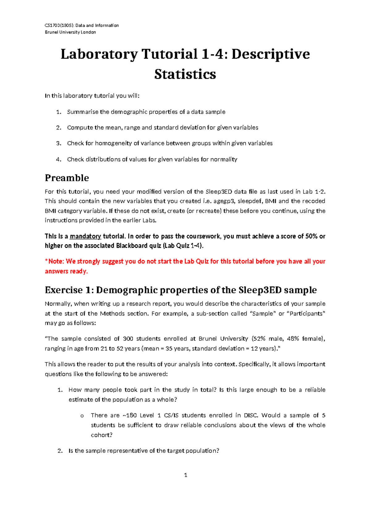 Lab1-4 - Descriptive - Brunel University London Laboratory Tutorial 1-4: Descriptive Statistics ...