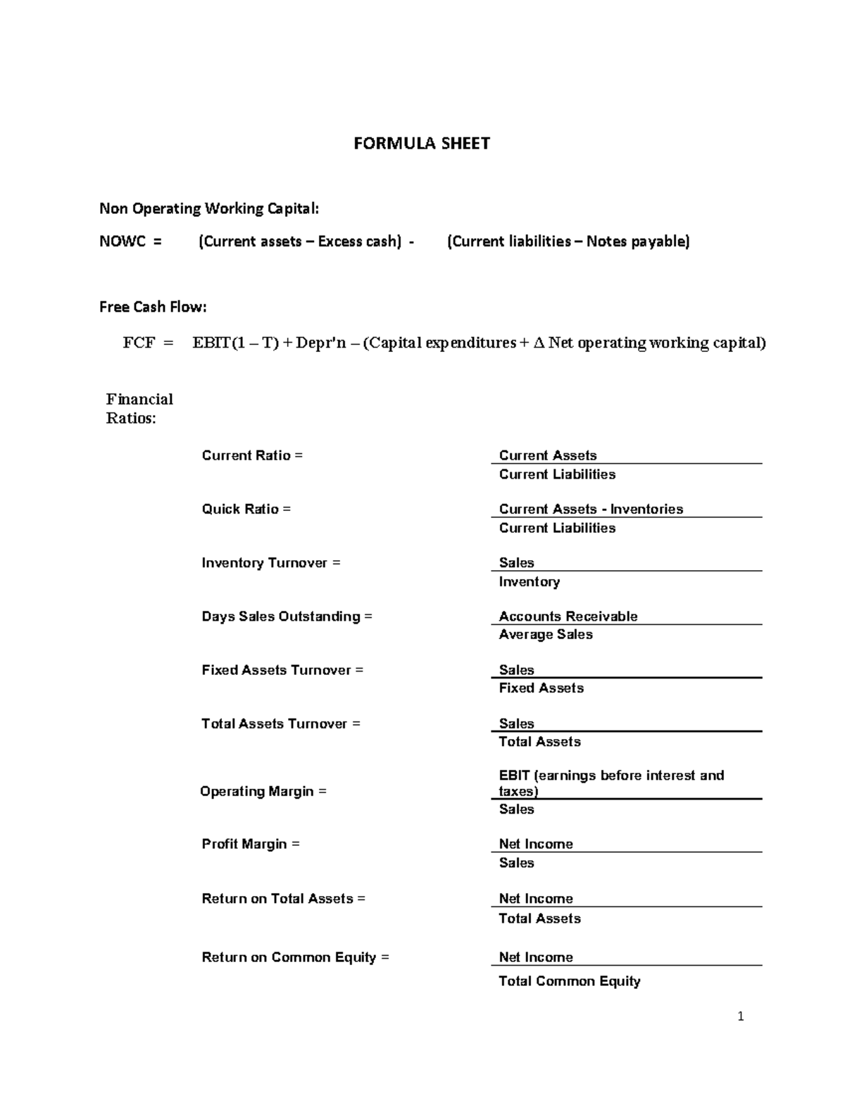 MID TERM Formula Sheet - 1 FORMULA SHEET Non Operating Working Capital ...