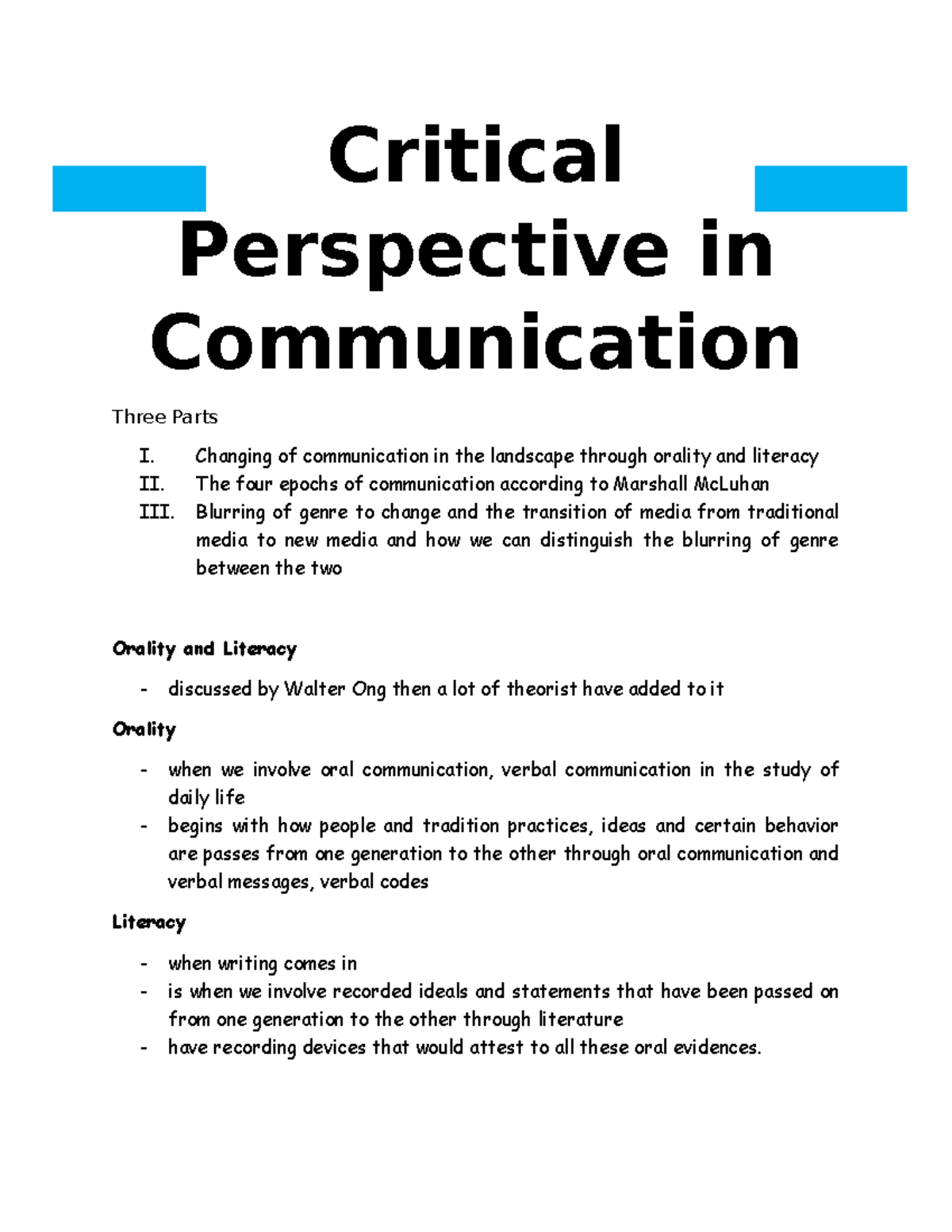 Critical Perspectives in Communication Overview Notes - Critical ...