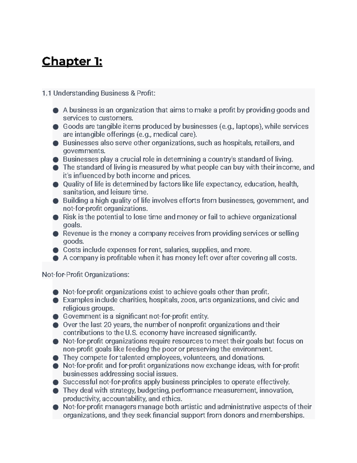MGMT 1000 AI Summarized Readings Ch. 1-6 - Chapter 1: 1 Understanding Business & Profit: A - Studocu