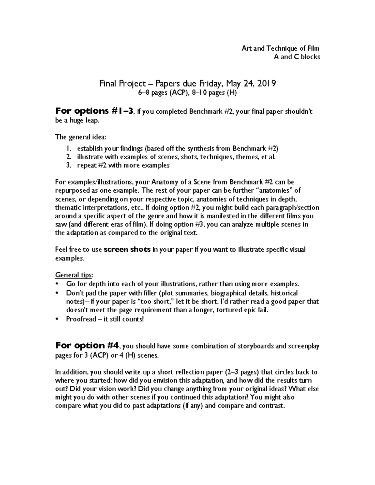 Final Project - the last stage - Art and Technique of Film A and C ...